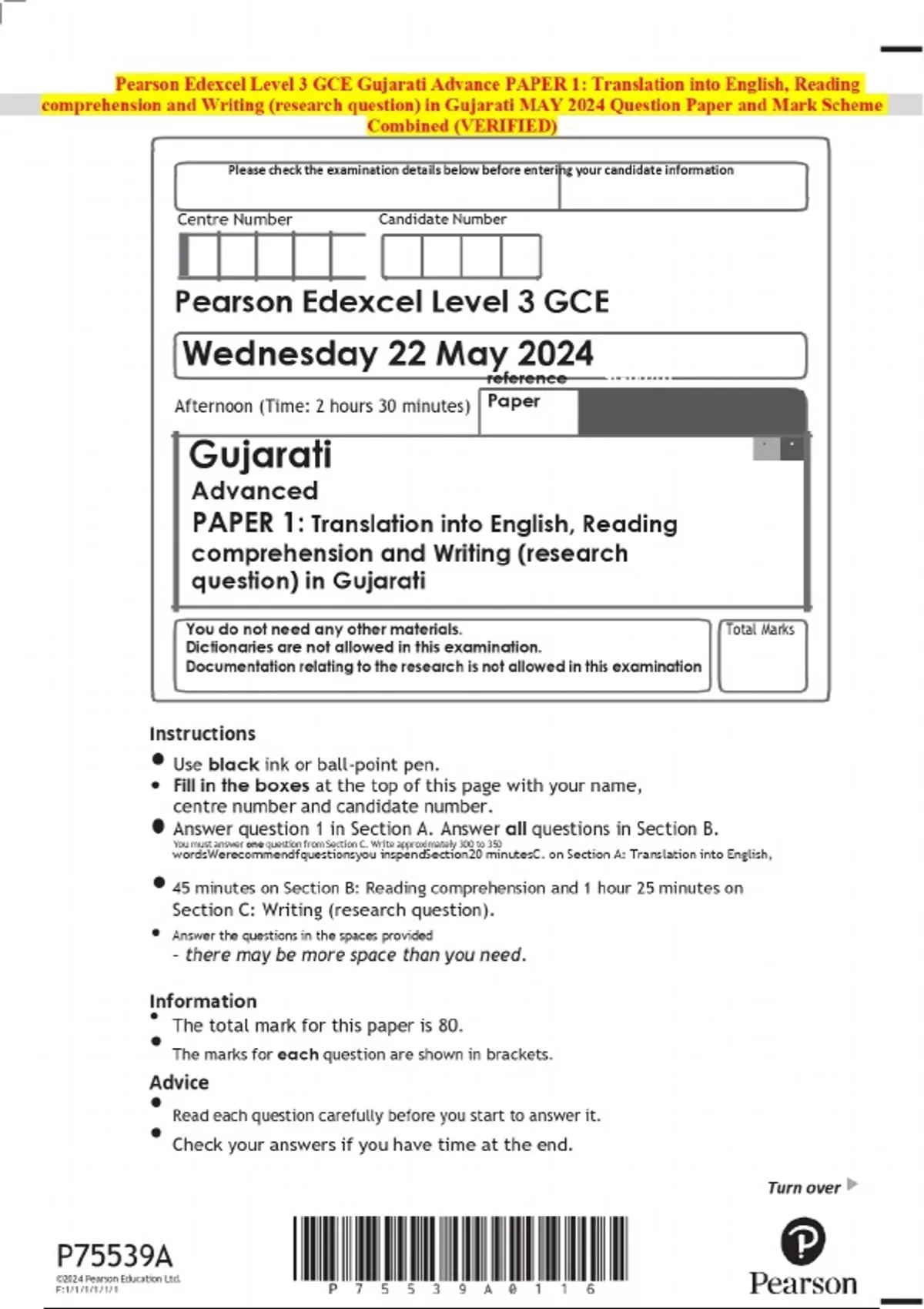 Pearson Edexcel Level 3 GCE Gujarati Advance PAPER 1: Translation into ...