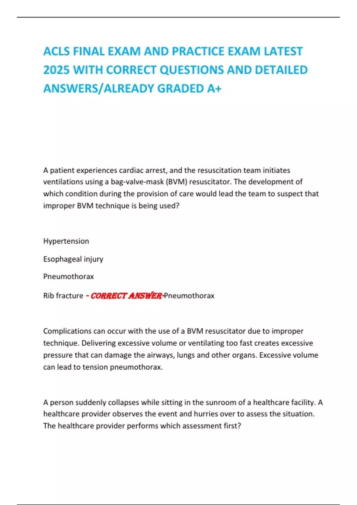 ACLS FINAL EXAM AND PRACTICE EXAM LATEST 2025 WITH CORRECT QUESTIONS ...