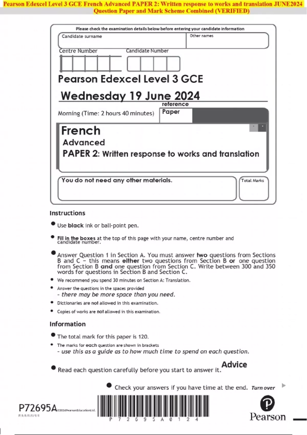 EXAMS BUNDLE::::Pearson Edexcel Level 3 GCE French Advanced | 2024 ...