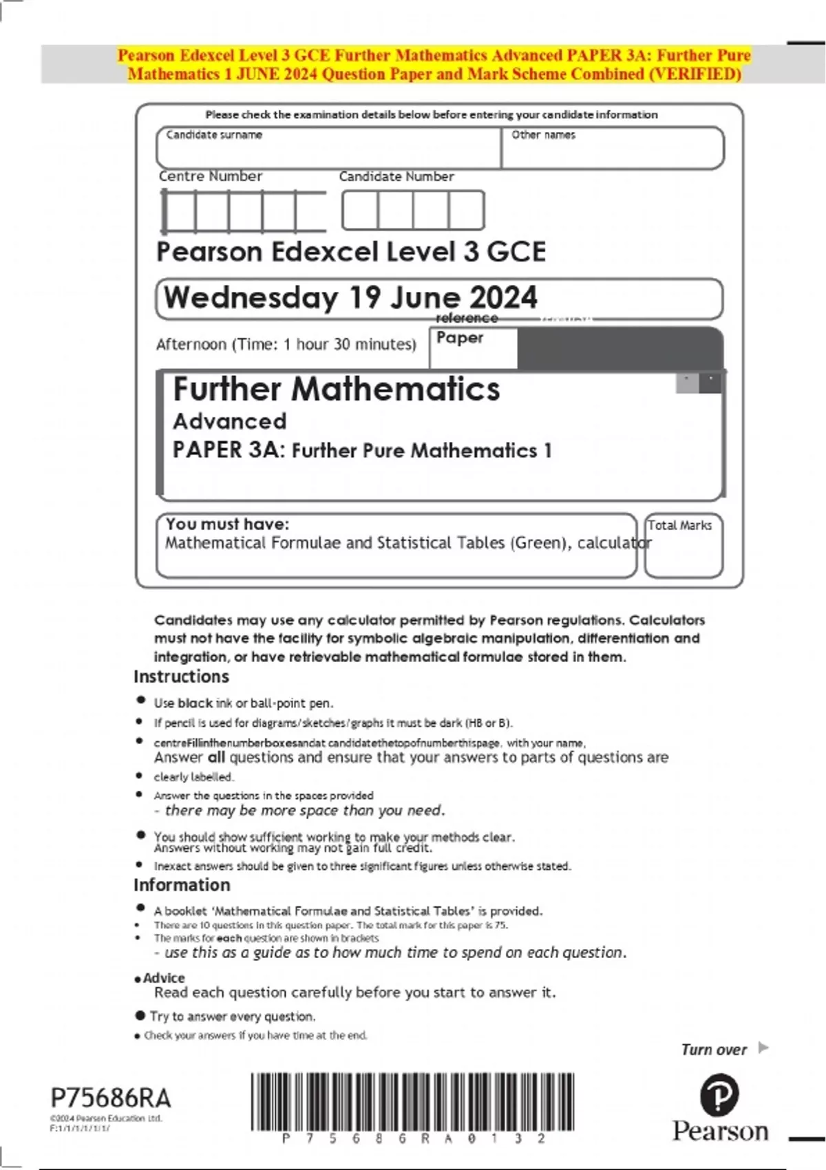 Pearson Edexcel Level 3 GCE Further Mathematics Advanced PAPER 3A ...