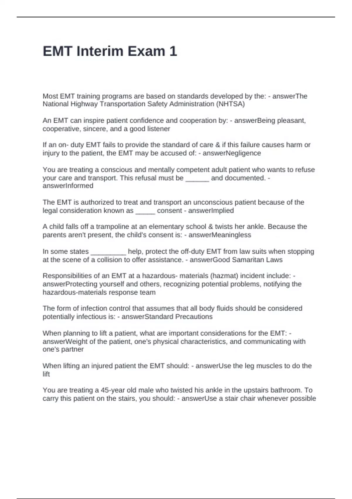 EMT Interim Exam 1 Questions and Answers - NYS EMT - Stuvia US