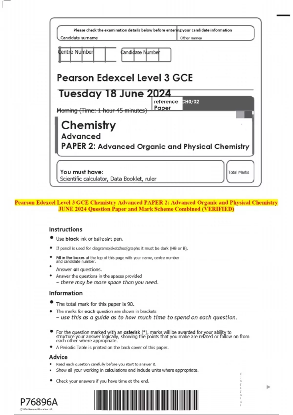 Pearson Edexcel Level 3 GCE Chemistry Advanced PAPER 2: Advanced ...