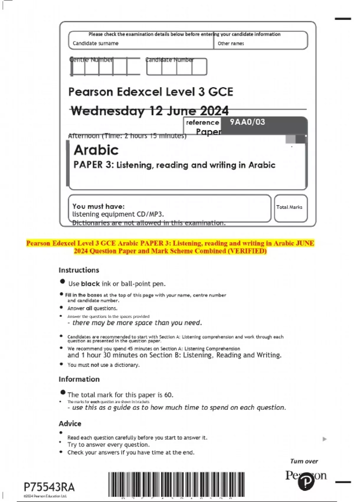 Pearson Edexcel Level 3 GCE Arabic PAPER 3: Listening, reading and ...