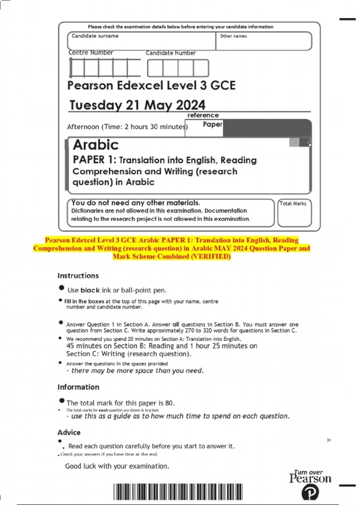 Pearson Edexcel Level 3 GCE Arabic PAPER 1: Translation into English ...
