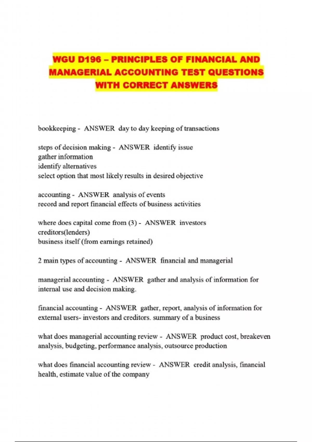 WGU D196 – PRINCIPLES OF FINANCIAL AND MANAGERIAL ACCOUNTING TEST ...
