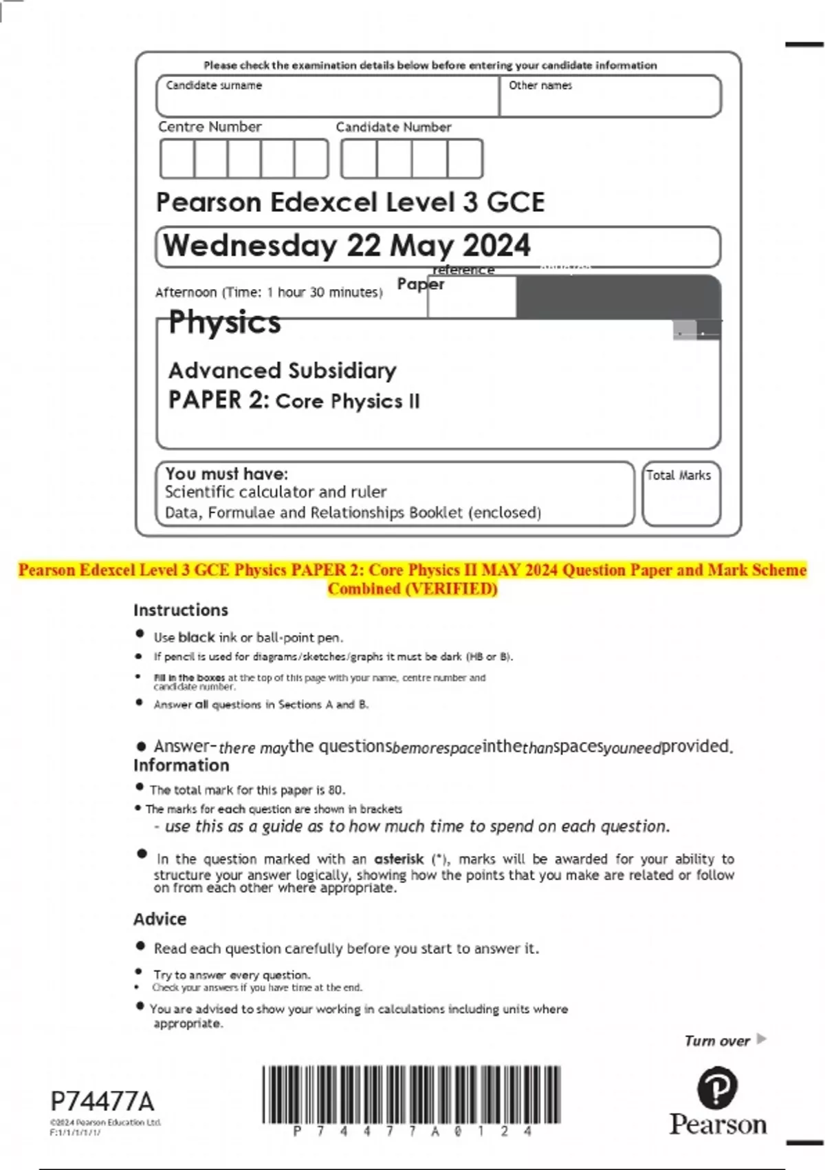 Pearson Edexcel Level 3 GCE Physics PAPER 2: Core Physics II MAY 2024 ...
