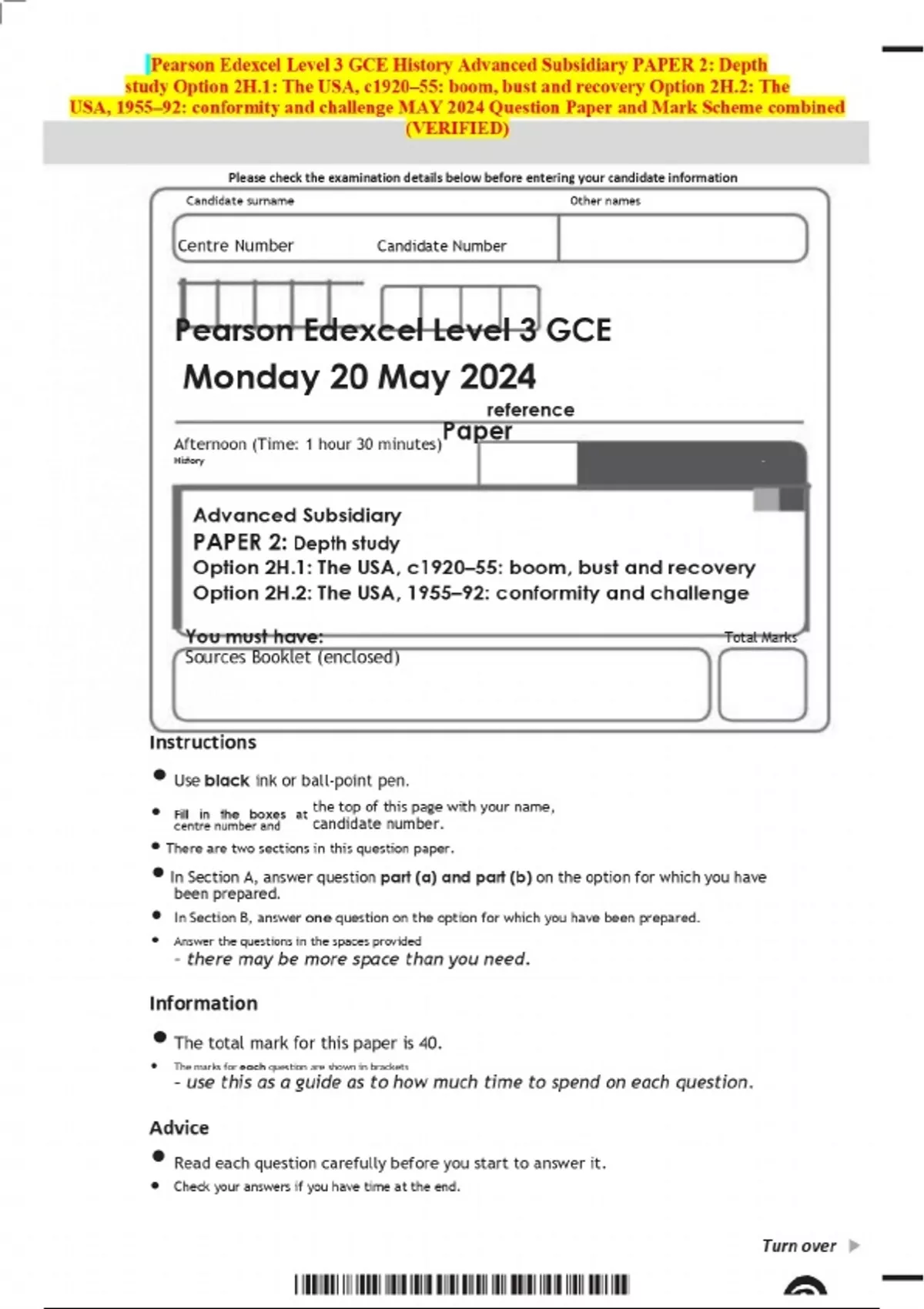 EXAMS BUNDLE::::Pearson Edexcel Level 3 GCE History Advanced Subsidiary ...