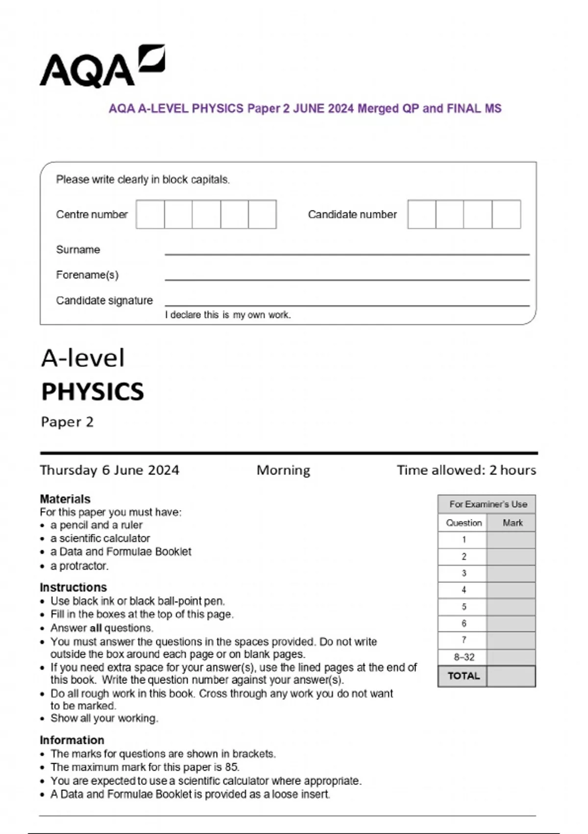 AQA A-LEVEL PHYSICS Paper 2 JUNE 2024 Merged QP and FINAL MS - AQA A ...