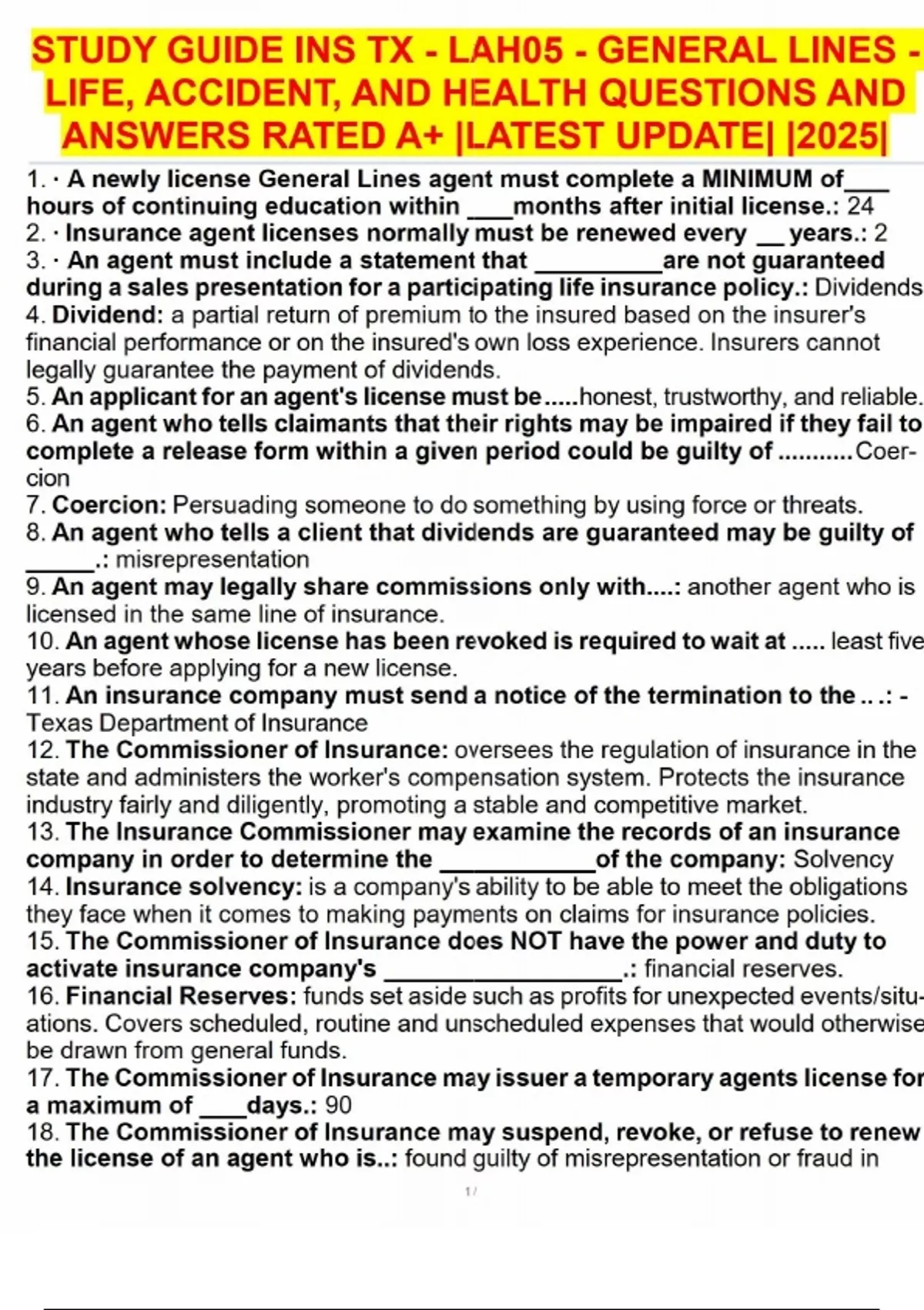 STUDY GUIDE INS TX - LAH05 - GENERAL LINES - LIFE, ACCIDENT, AND HEALTH QUESTIONS AND ANSWERS ...
