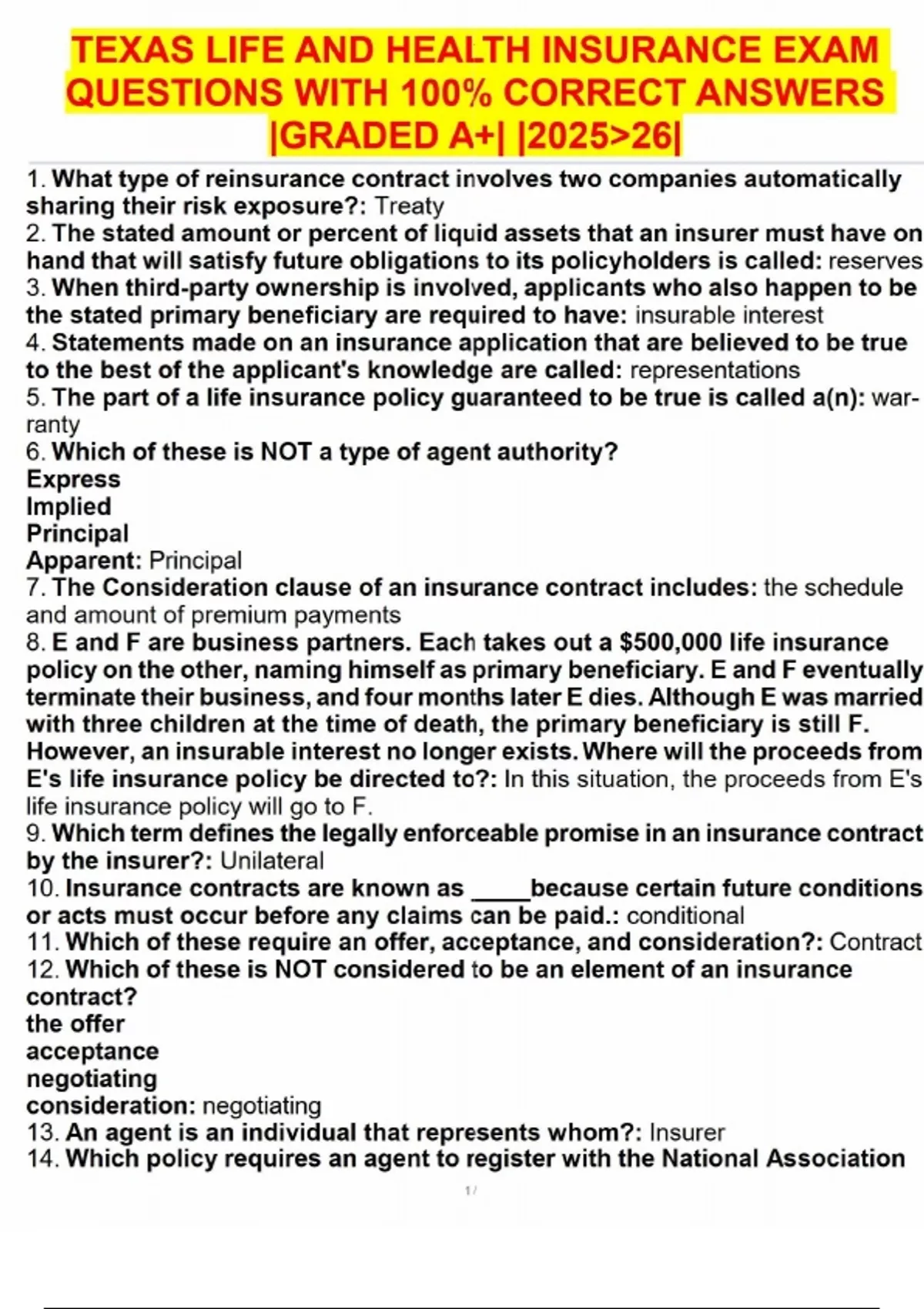 TEXAS LIFE AND HEALTH INSURANCE EXAM QUESTIONS WITH 100% CORRECT ...