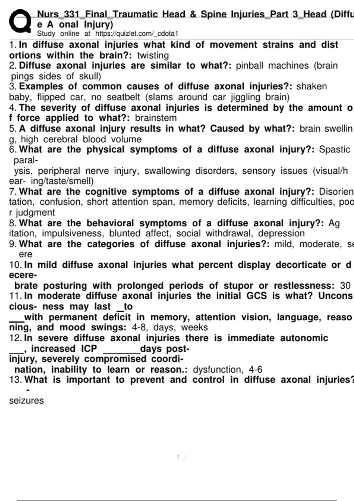 NURS-331-FINAL-TRAUMATIC HEAD & SPINE INJURIES-PART3-HEAD-DIFFUSE AXONA ...