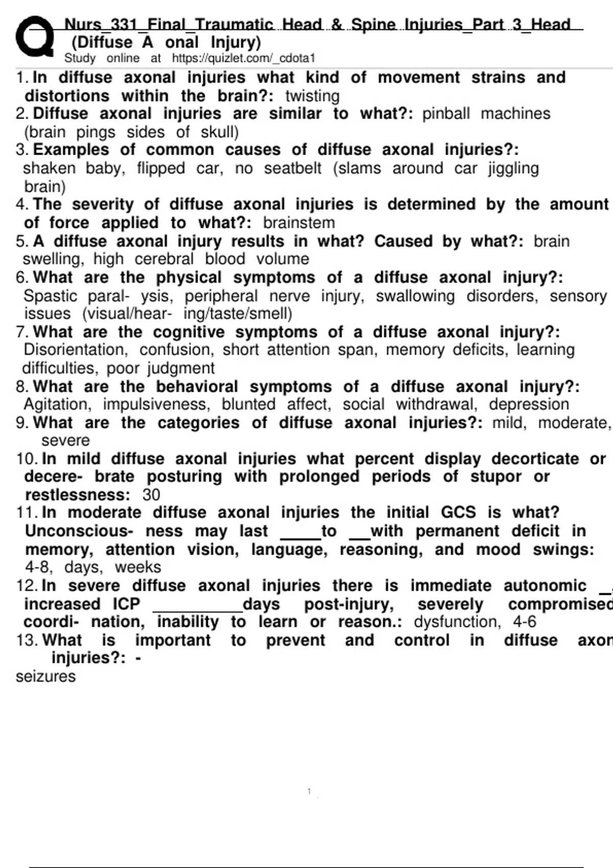 NURS-331-FINAL-TRAUMATIC HEAD & SPINE INJURIES-PART3-HEAD-DIFFUSE AXONA ...