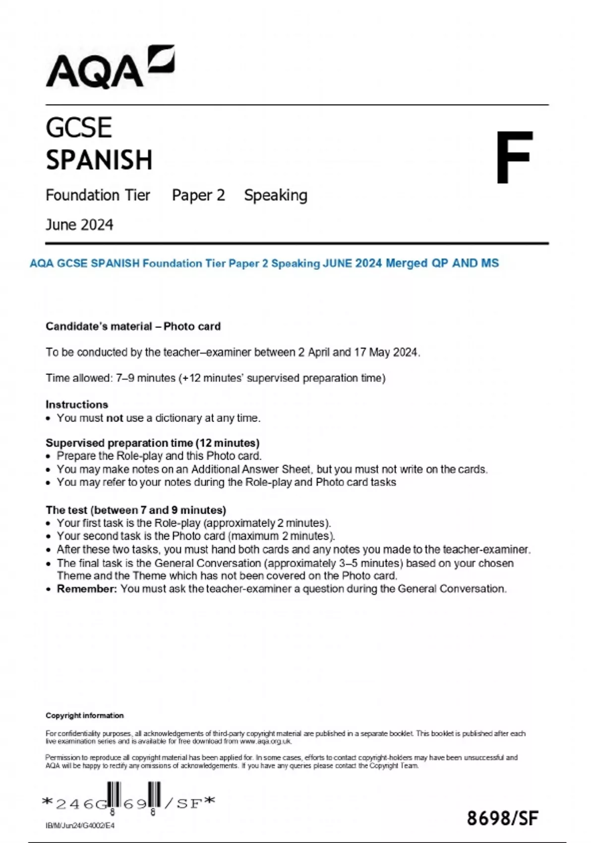 AQA GCSE SPANISH Foundation Tier Paper 2 Speaking JUNE 2024 Merged QP ...