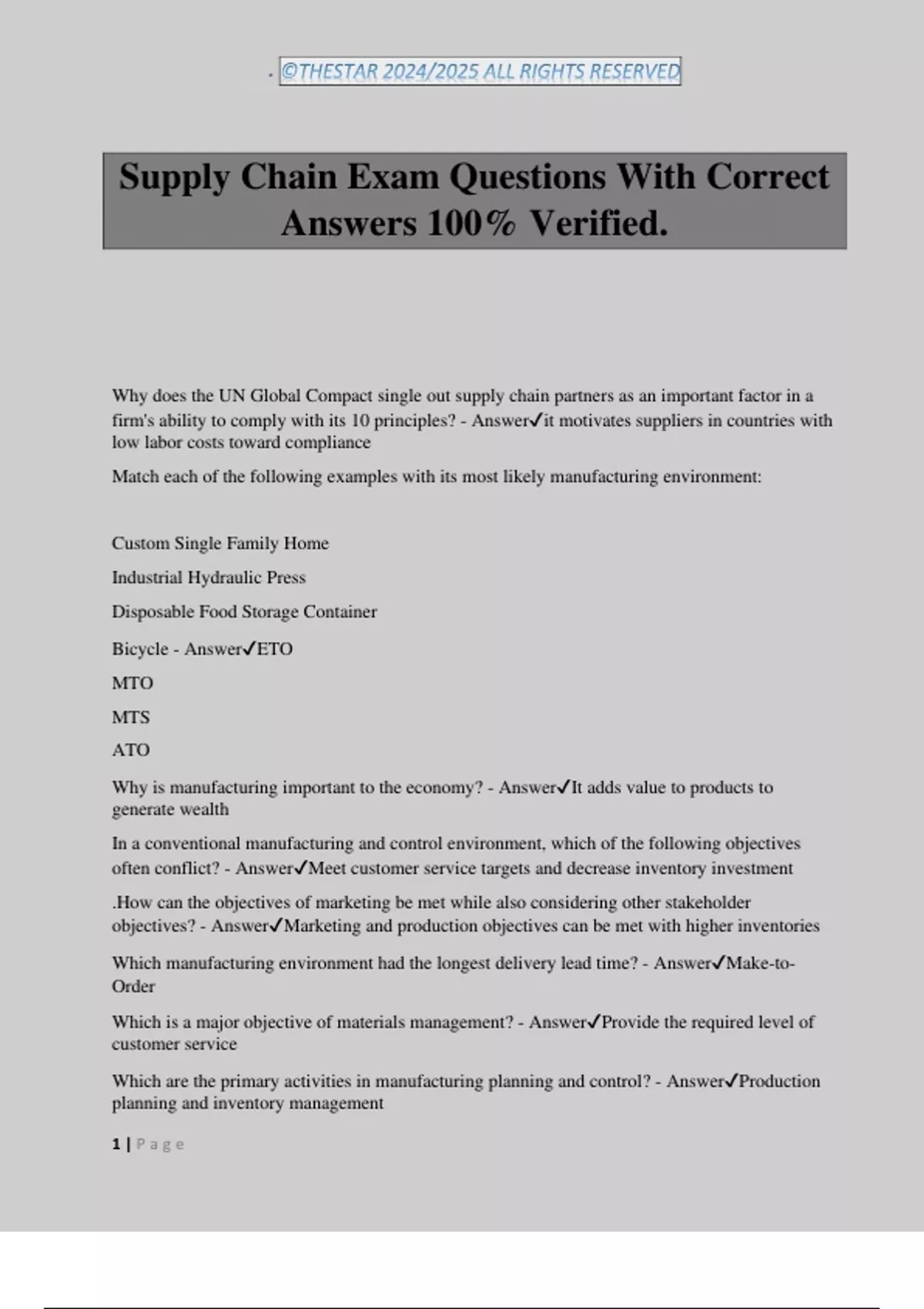 Supply Chain Exam Questions With Correct Answers 100% Verified ...