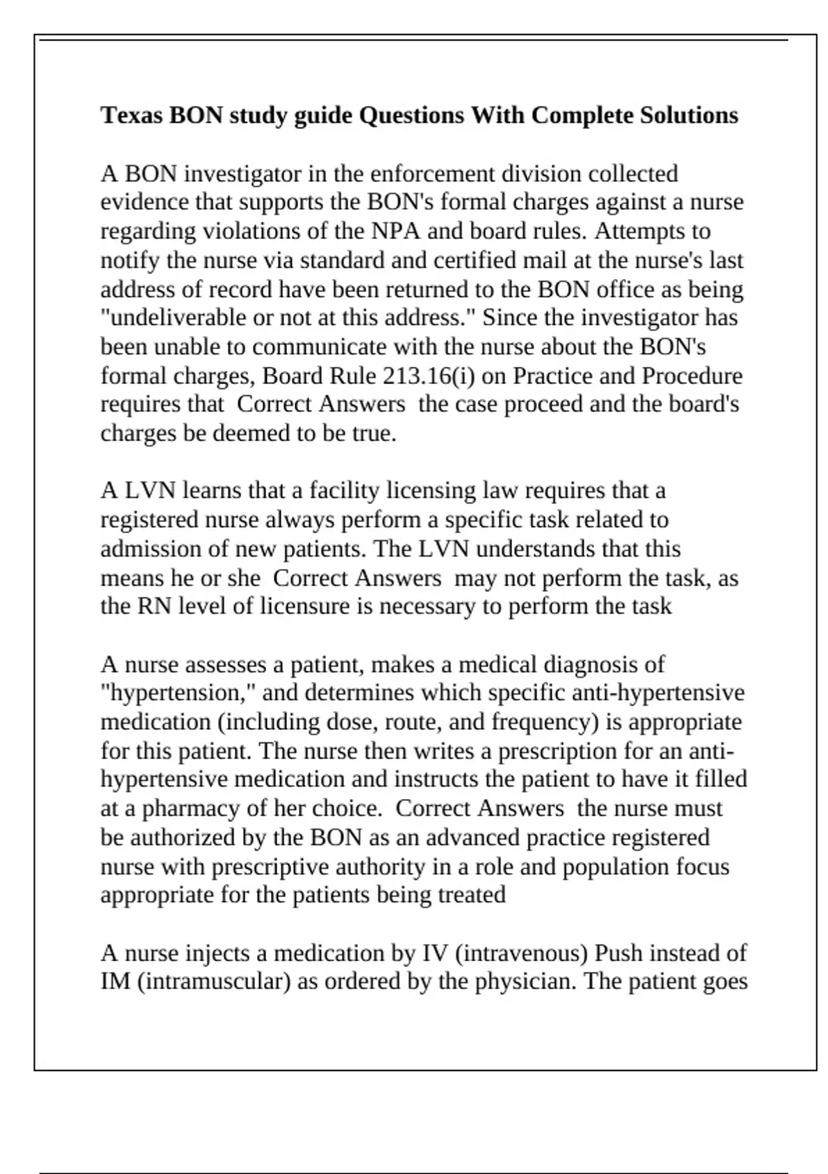 Texas BON study guide Questions With Complete Solutions - BON - Stuvia US