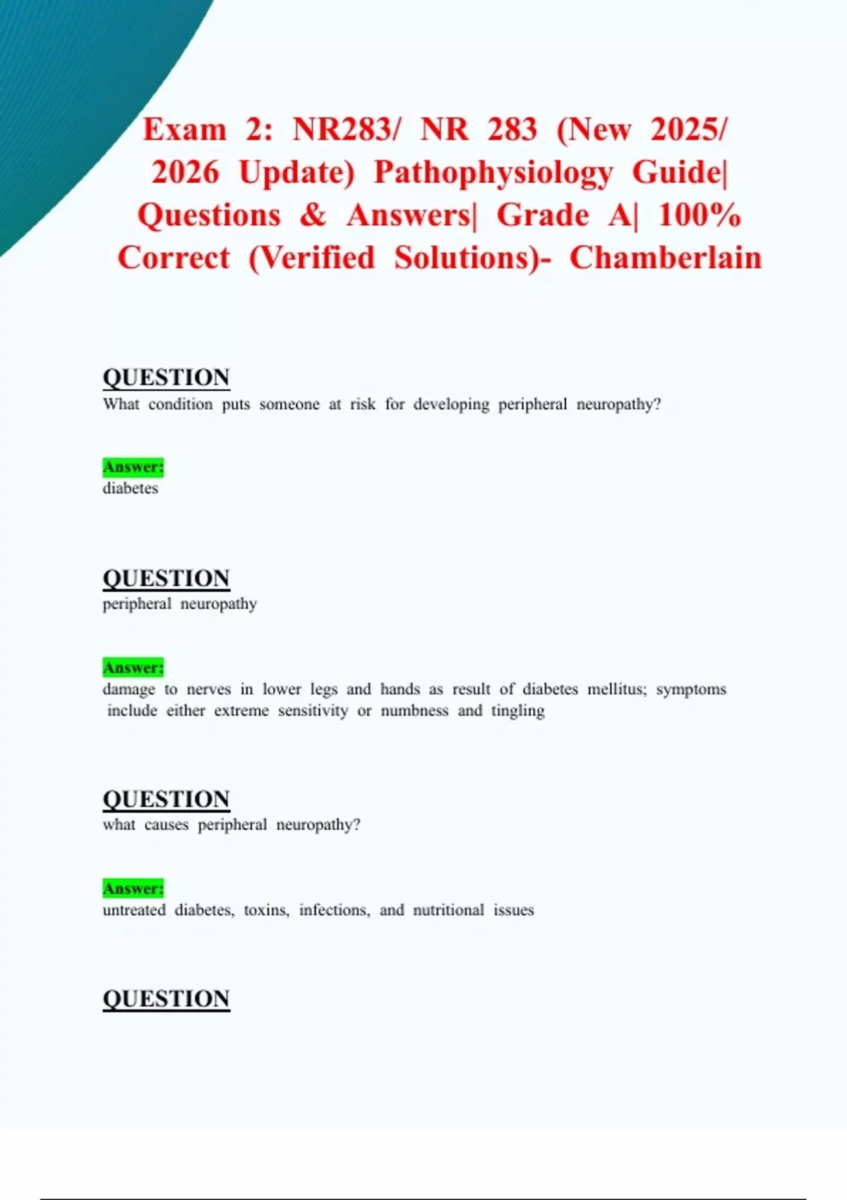Exam 2: NR 283/ NR283 (New 2025/ 2026 Update) Pathophysiology Guide |Questions & Answers| Grade ...