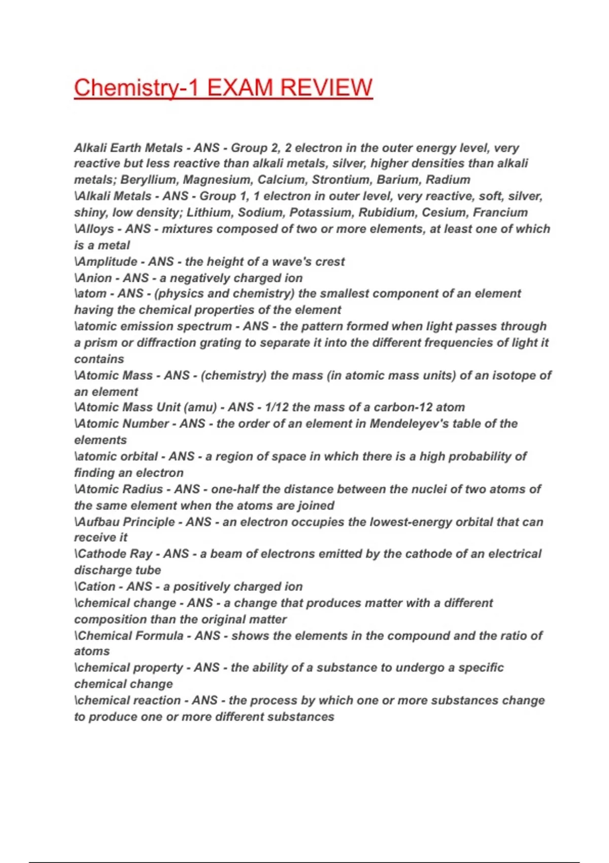 Chemistry-1 EXAM REVIEW 2025/2026 Questions With Completed & Verified ...