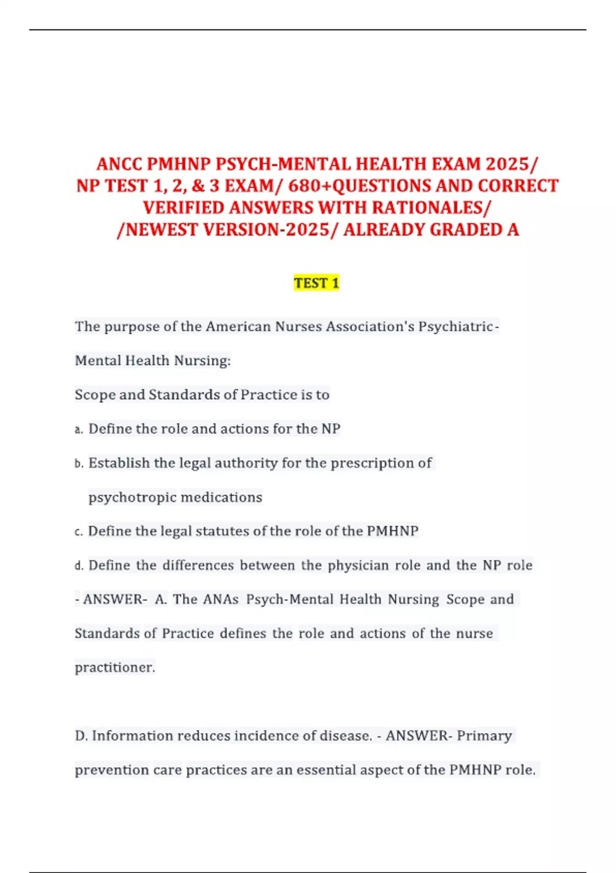 ANCC PMHNP PSYCH-MENTAL HEALTH EXAM 2025/ NP TEST 1, 2, & 3 EXAM/ 680 ...