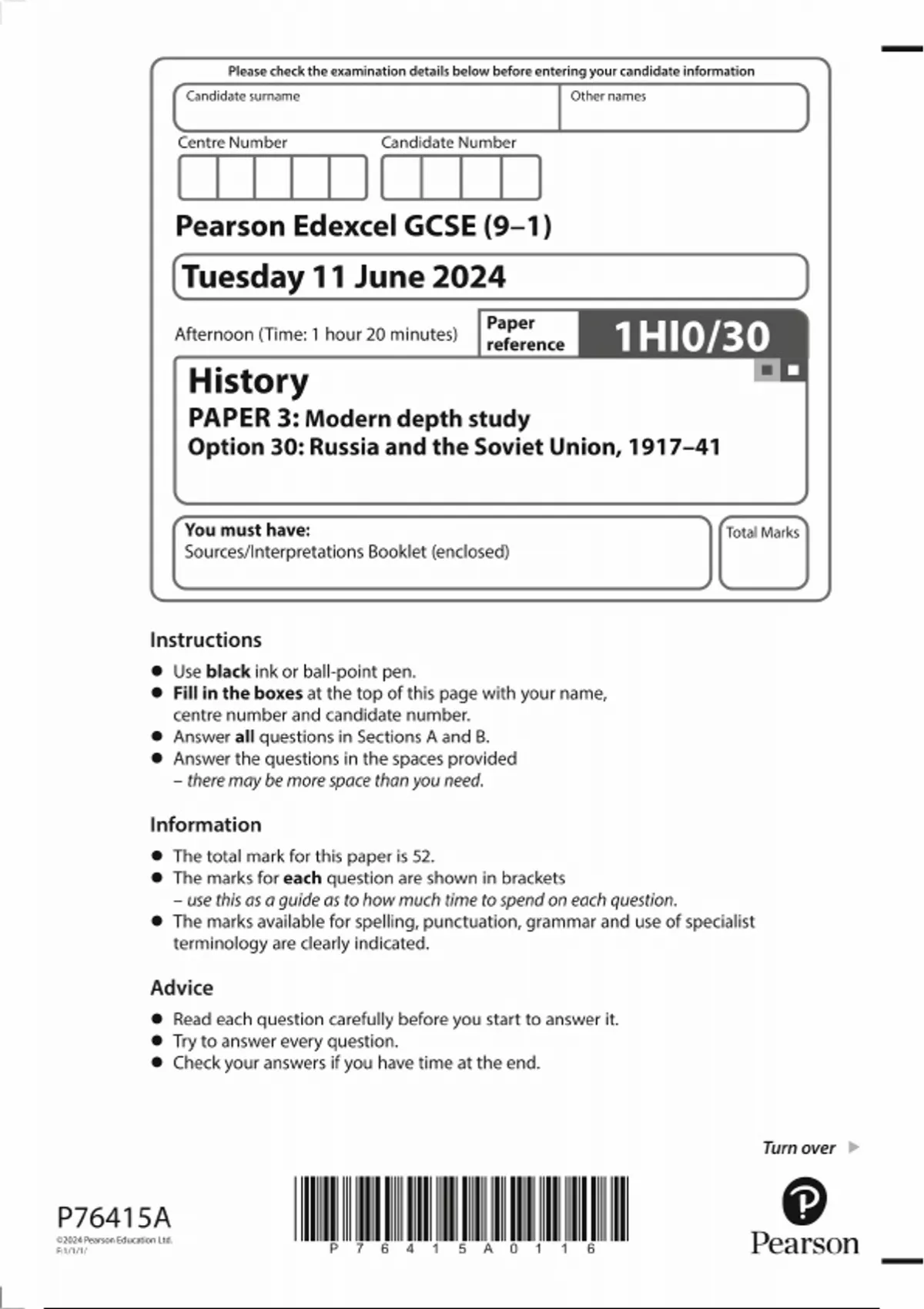 2024 Pearson Edexcel GCSE History Paper 3 (HIO/30) - 2024 Pearson ...