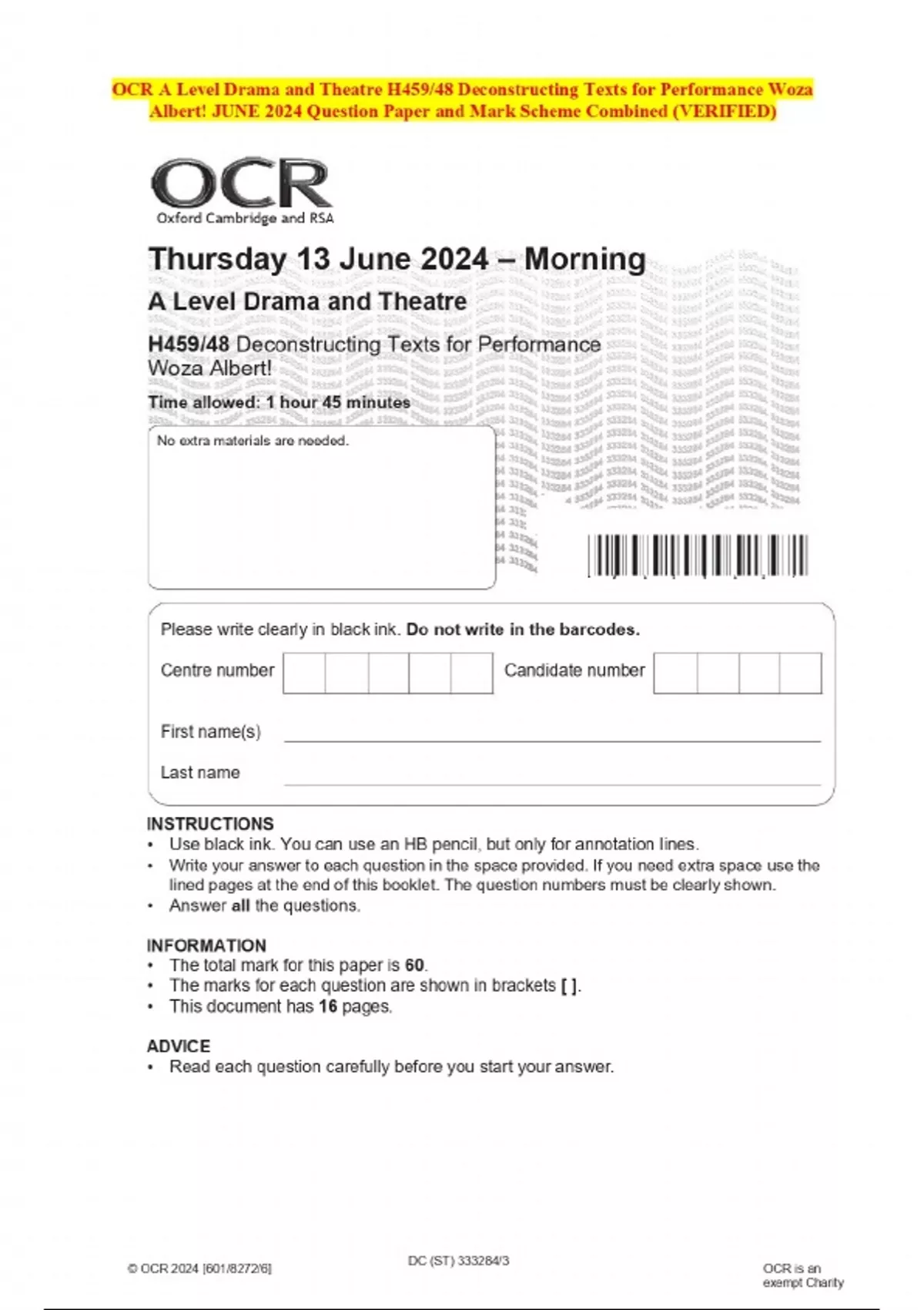 OCR A Level Drama and Theatre H459/48 Deconstructing Texts for Performance Woza Albert! JUNE ...