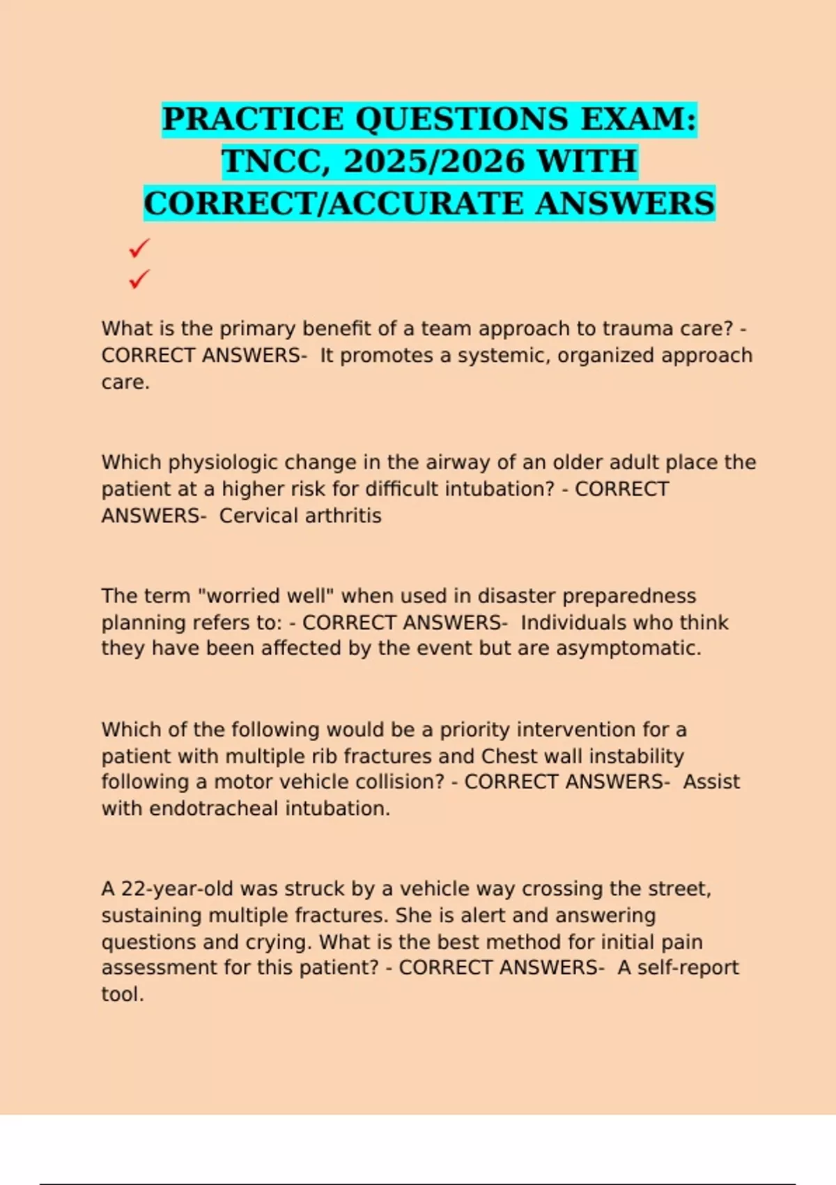 PRACTICE QUESTIONS EXAM: TNCC, 2025/2026 WITH CORRECT/ACCURATE ANSWERS ...