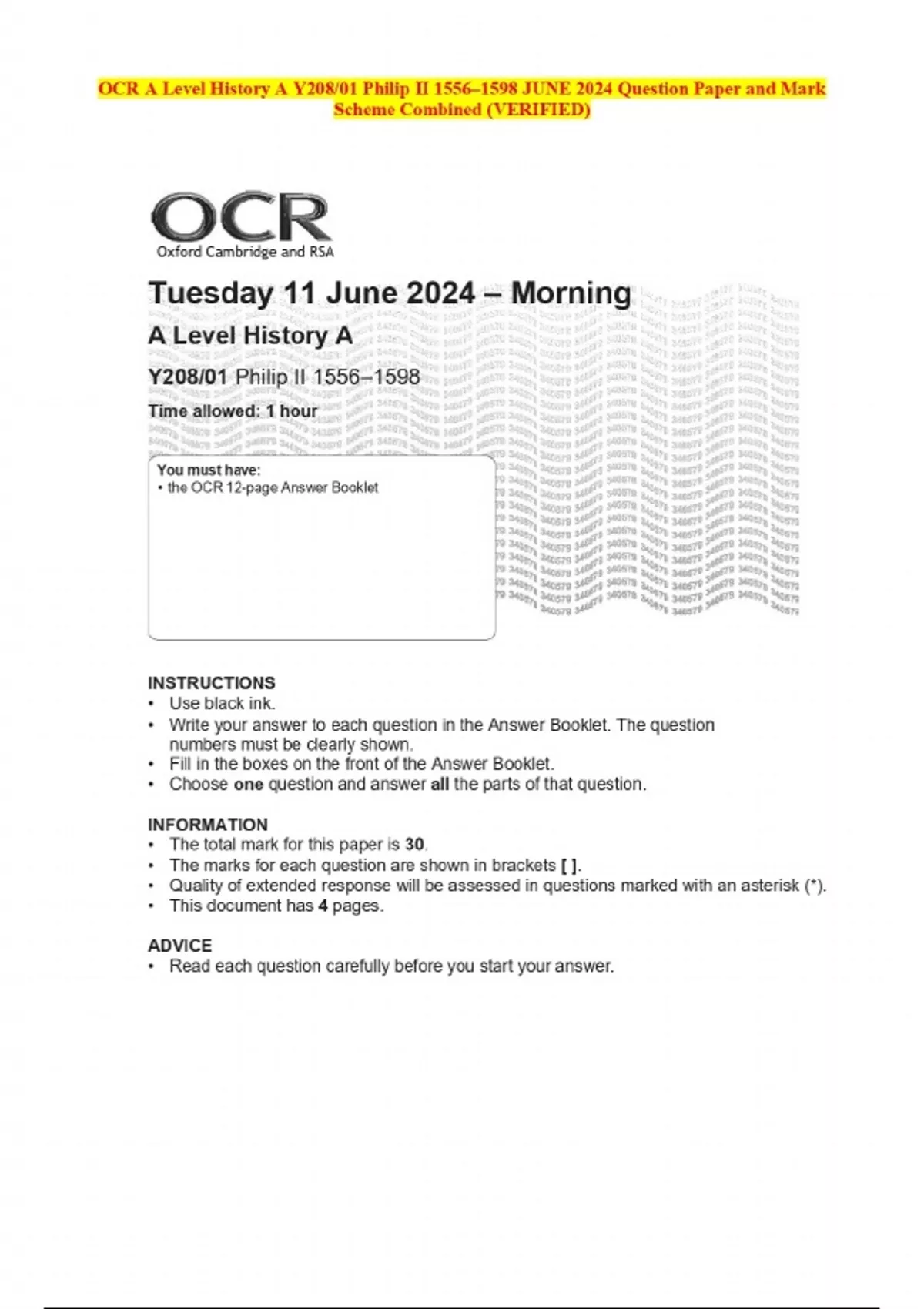 OCR A Level History A Y208/01 Philip II 1556–1598 JUNE 2024 Question ...