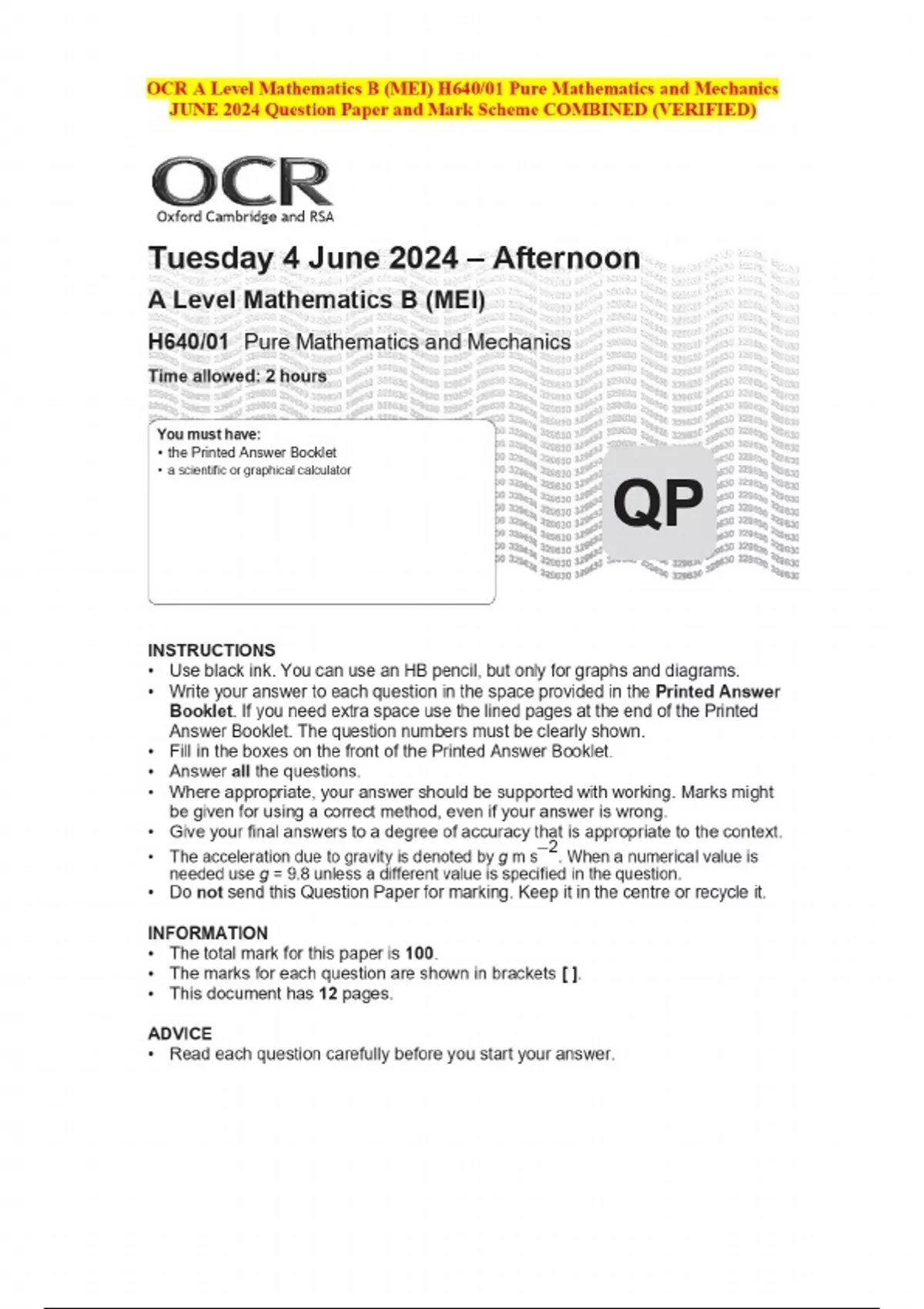 OCR A Level Mathematics B (MEI) H640/01 Pure Mathematics and Mechanics ...