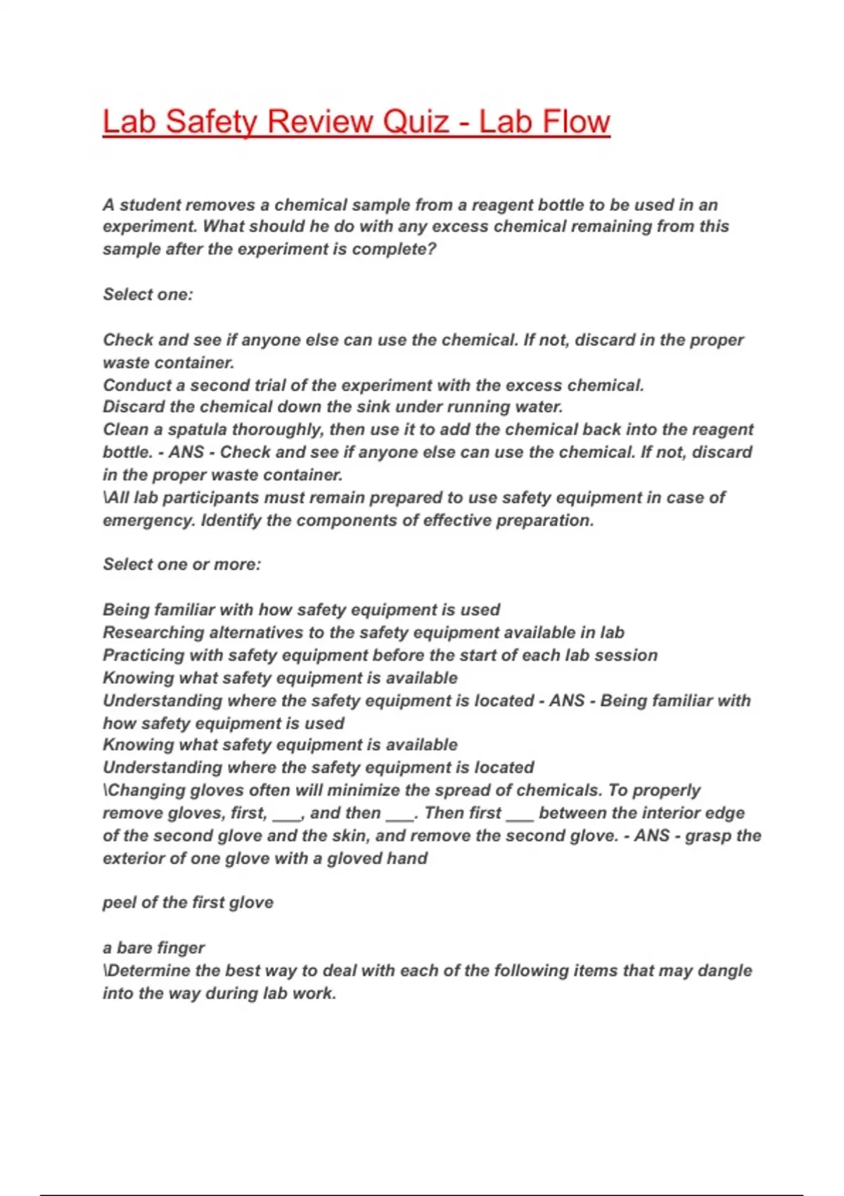 Lab Safety Review Quiz - Lab Flow Exam 2025/2026 Questions With ...