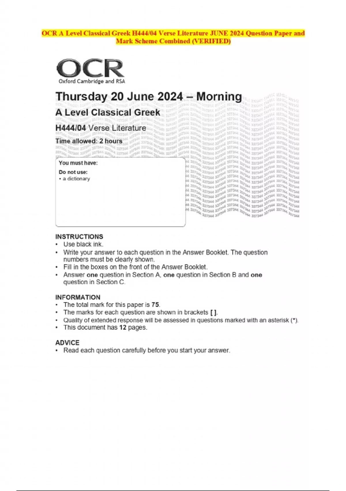 OCR A Level Classical Greek H444/04 Verse Literature JUNE 2024 Question Paper and Mark Scheme ...