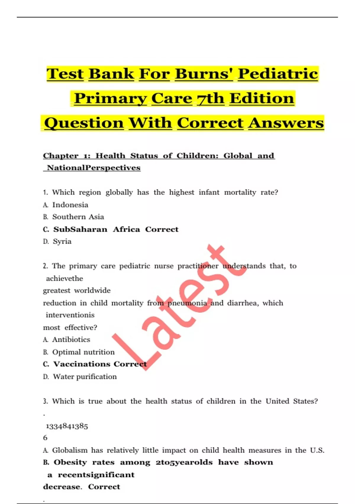 [Test Bank] FOR BURNS PEDIATRIC PRIMARY CARE 7th EDITION ALL CHAPTERS ...