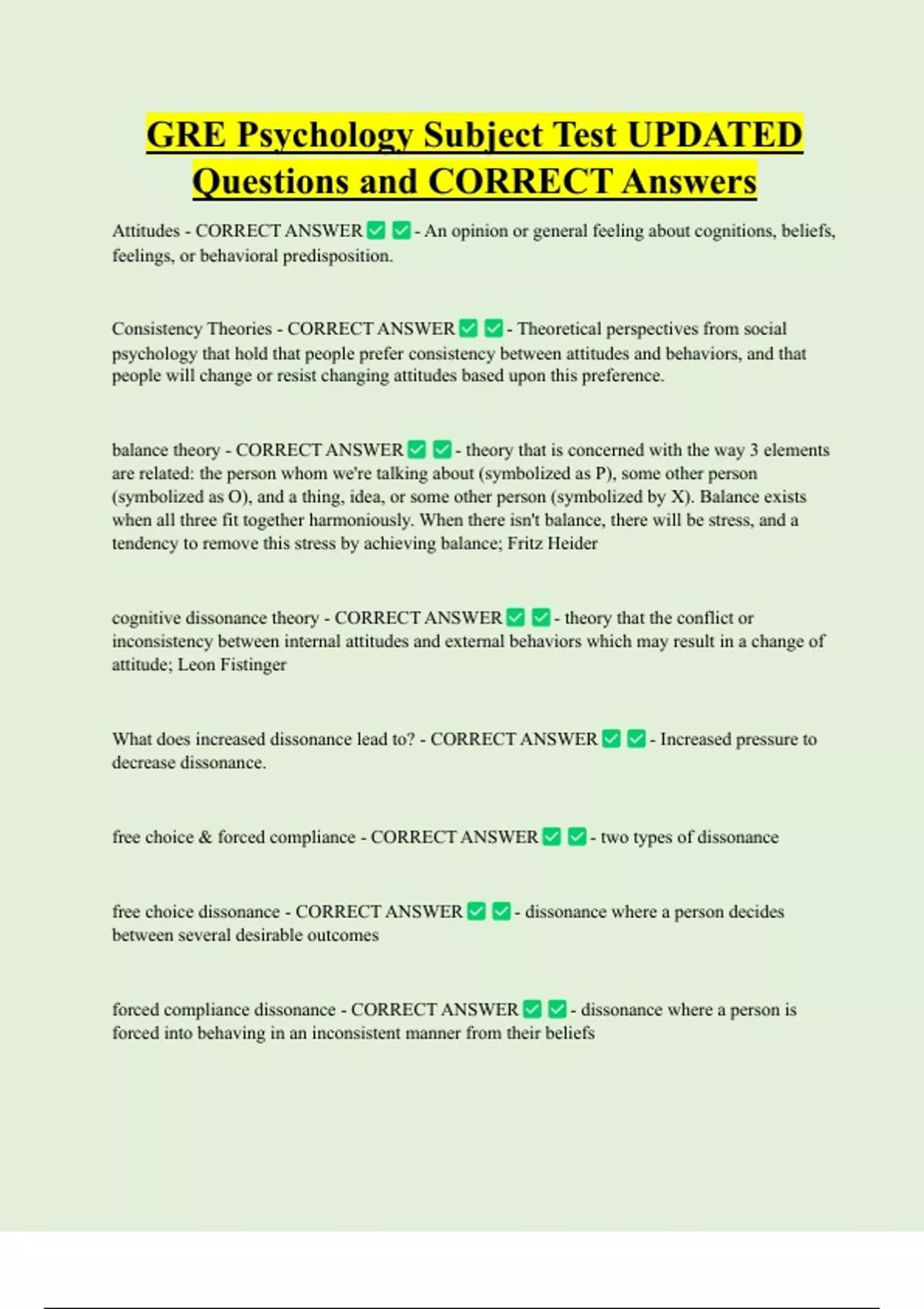 GRE Psychology Subject Test UPDATED Questions and CORRECT Answers - GRE ...