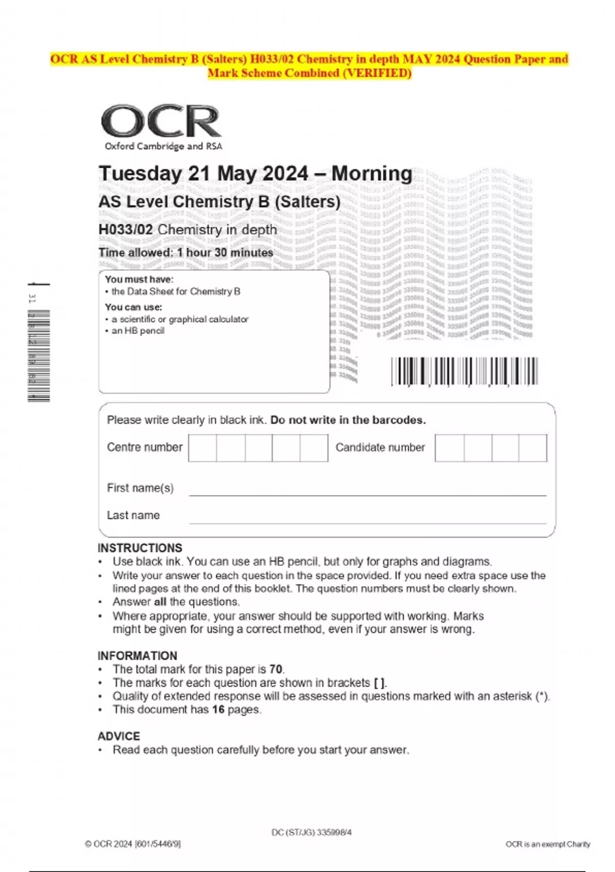 OCR AS Level Chemistry B (Salters) H033/02 Chemistry in depth MAY 2024 ...