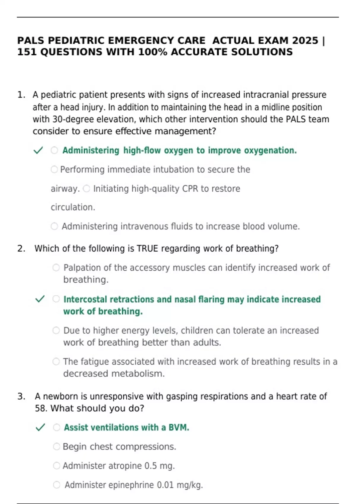 PALS PEDIATRIC EMERGENCY CARE ACTUAL EXAM 2025 | 151 QUESTIONS WITH 100 ...