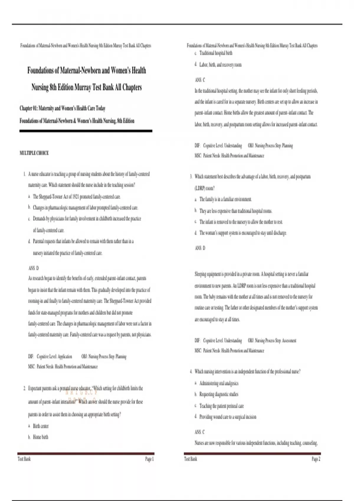 Testbank Foundations of Maternal-Newborn and Women's Health Nursing 8th ...