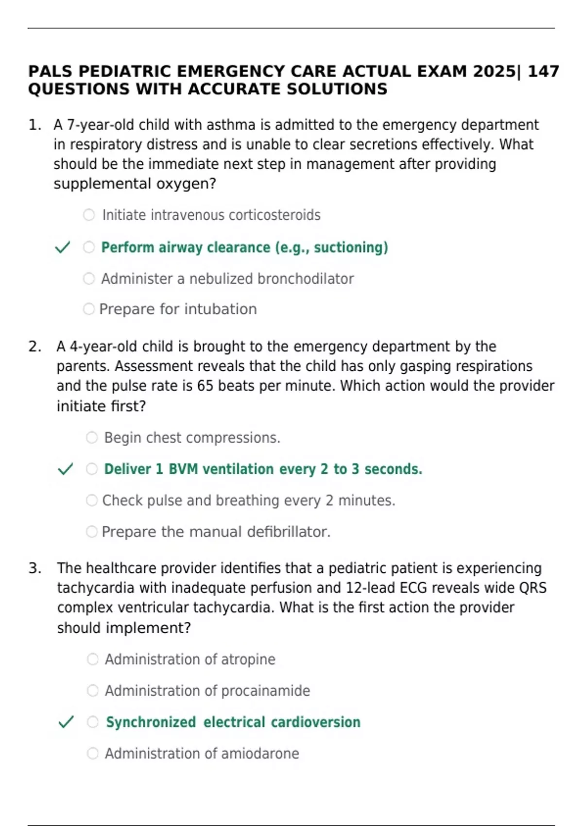PALS PEDIATRIC EMERGENCY CARE ACTUAL EXAM 2025| 147 QUESTIONS WITH ...