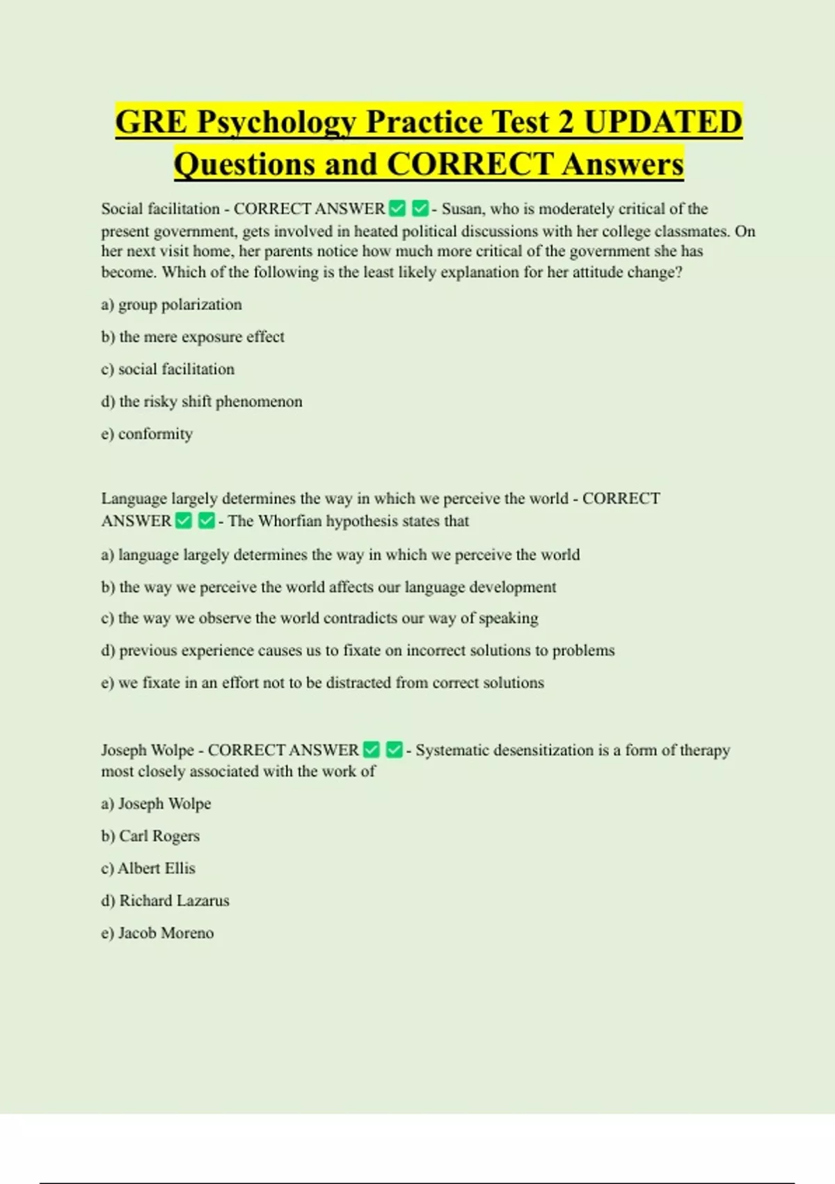 GRE Psychology Practice Test 2 UPDATED Questions and CORRECT Answers ...