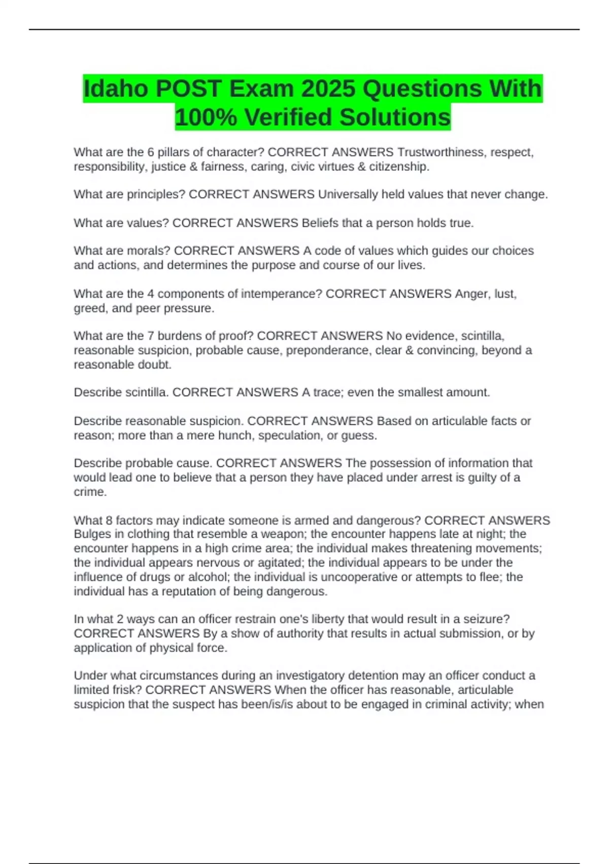 Idaho POST Exam 2025 Questions With 100% Verified Solutions - Idaho ...