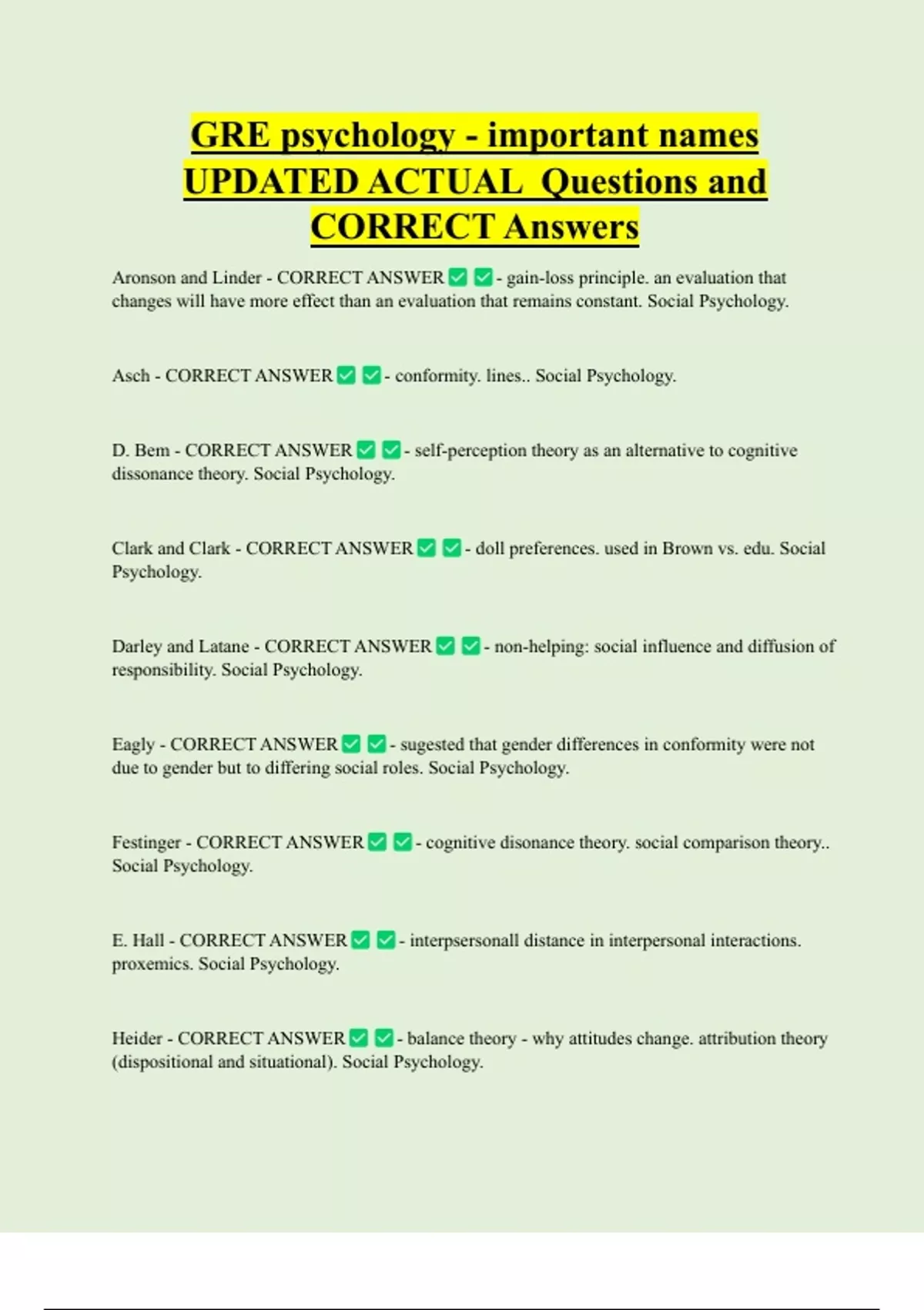 GRE psychology - important names UPDATED ACTUAL Questions and CORRECT ...