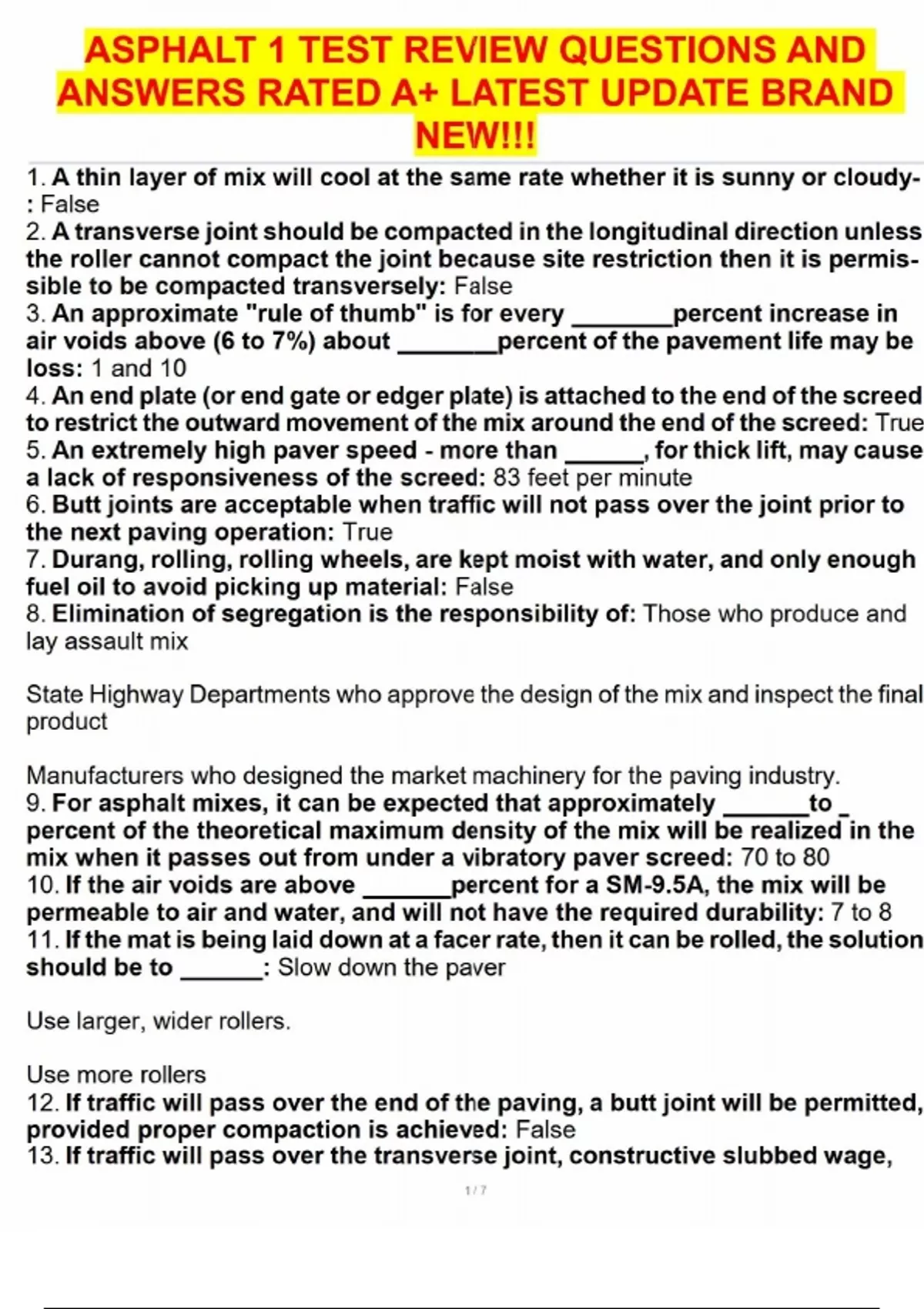 ASPHALT 1 TEST REVIEW QUESTIONS AND ANSWERS RATED A+ LATEST UPDATE ...