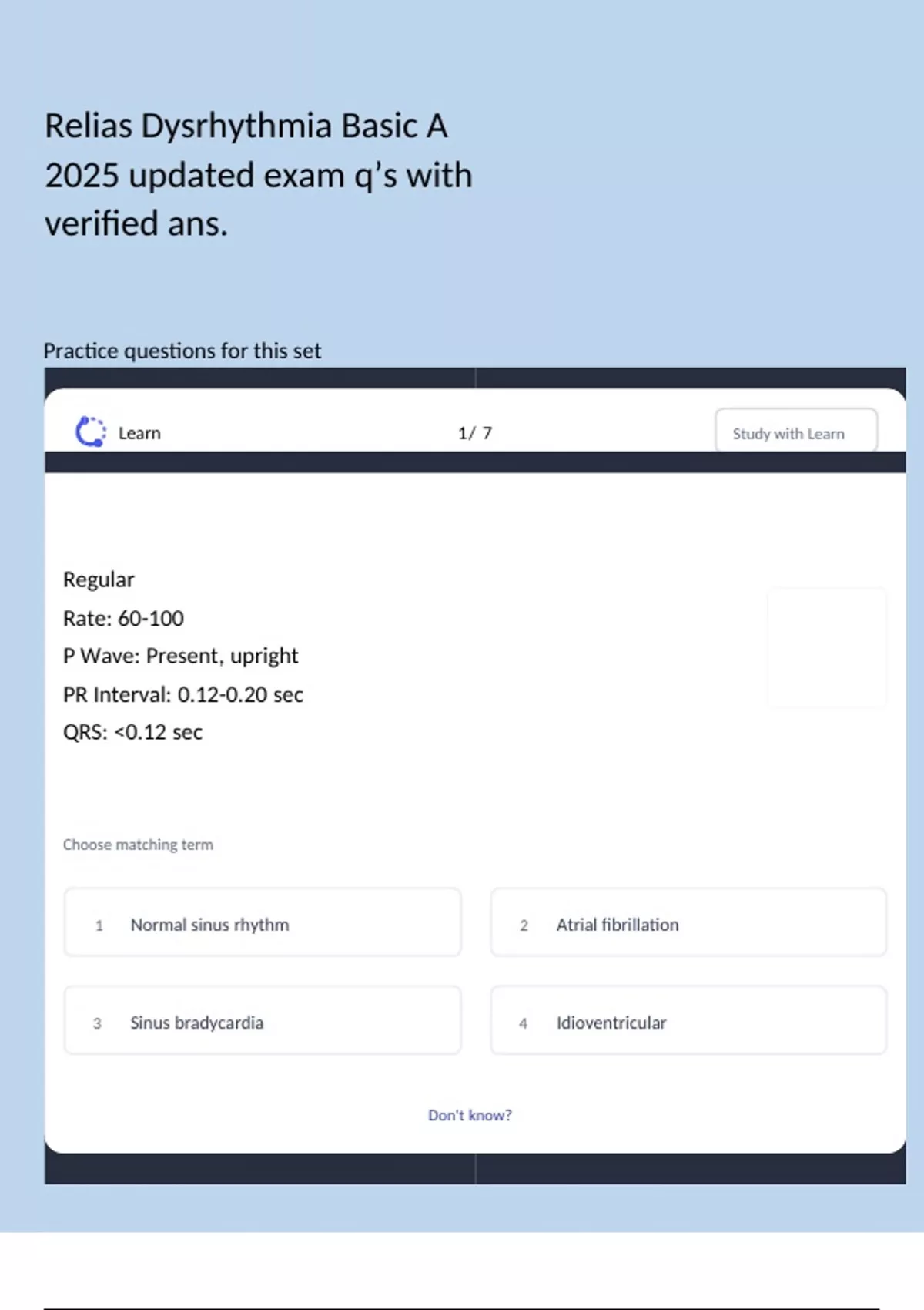 Relias Dysrhythmia Basic A 2025 updated exam q’s with verified ans. - Relias Dysrhythmia Basic A ...