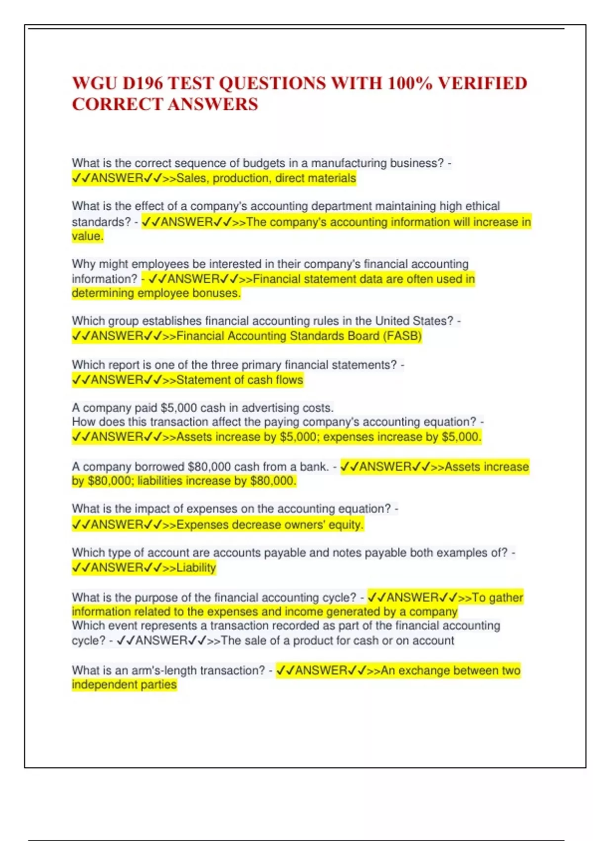 WGU D196 TEST QUESTIONS WITH 100% VERIFIED CORRECT ANSWERS What is the ...