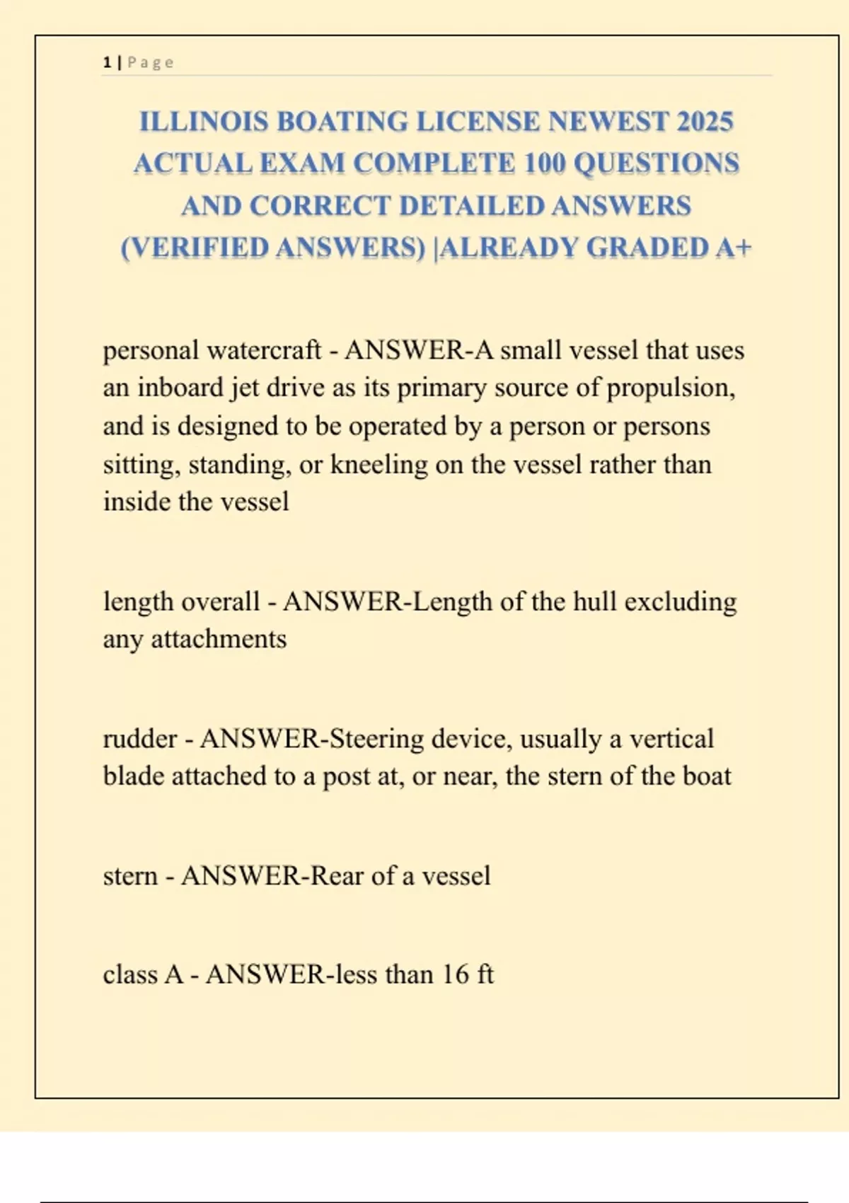 ILLINOIS BOATING LICENSE NEWEST 2025 ACTUAL EXAM COMPLETE 100 QUESTIONS ...