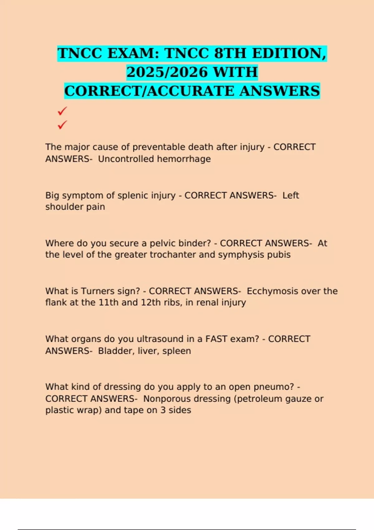 TNCC EXAM: TNCC 8TH EDITION, 2025/2026 WITH CORRECT/ACCURATE ANSWERS ...