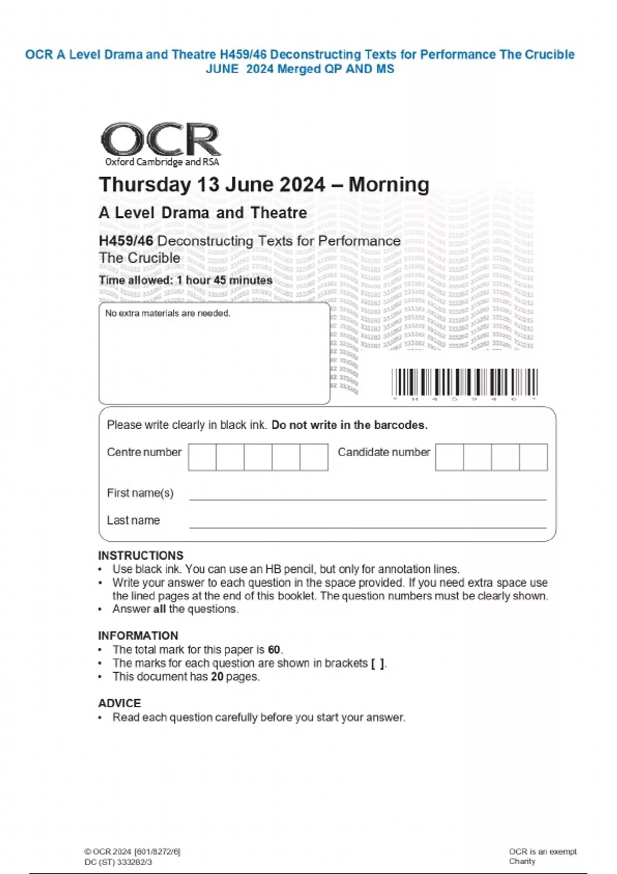 OCR A Level Drama and Theatre H459/46 Deconstructing Texts for Performance The Crucible JUNE ...