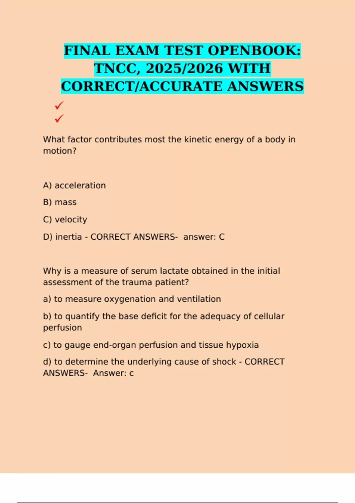 FINAL EXAM TEST OPENBOOK: TNCC, 2025/2026 WITH CORRECT/ACCURATE ANSWERS ...