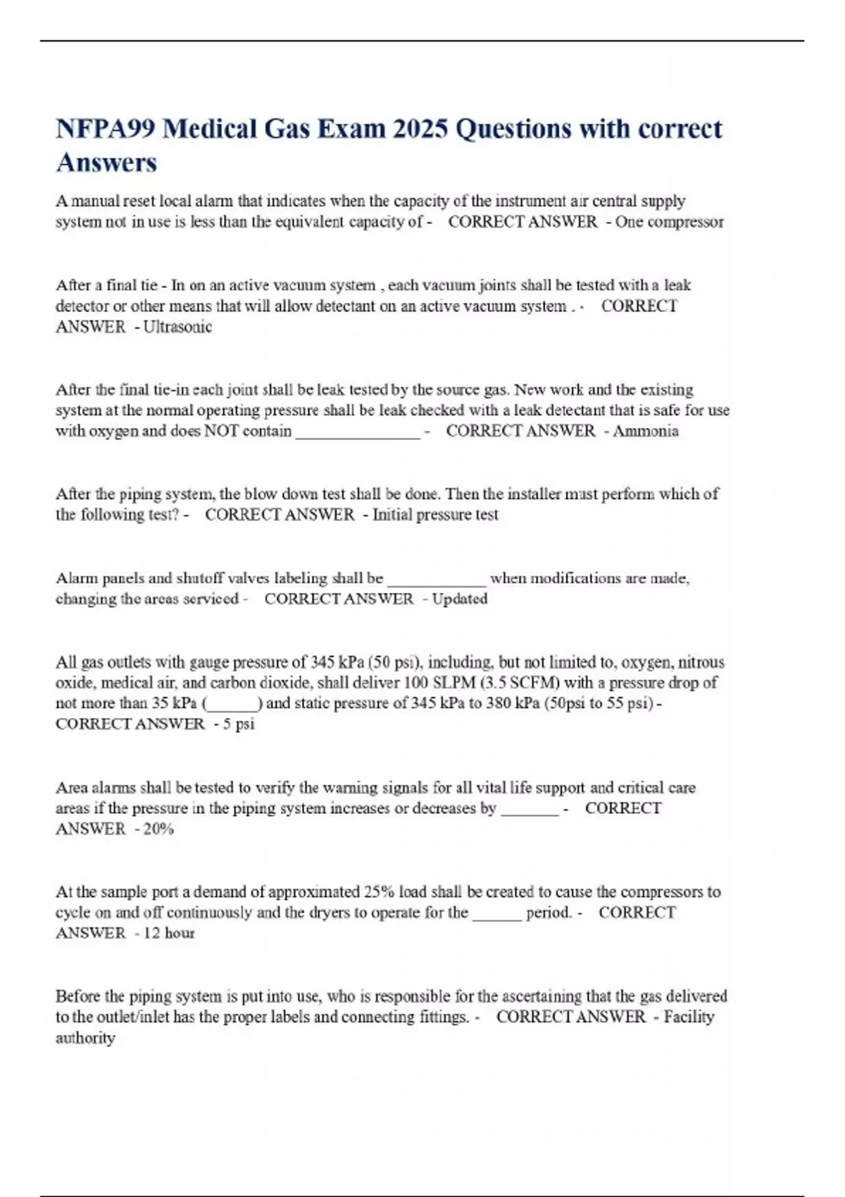 NFPA99 Medical Gas Exam 2025- Q&As VERIFIED| LATEST UPDATE - MEDICAL ...