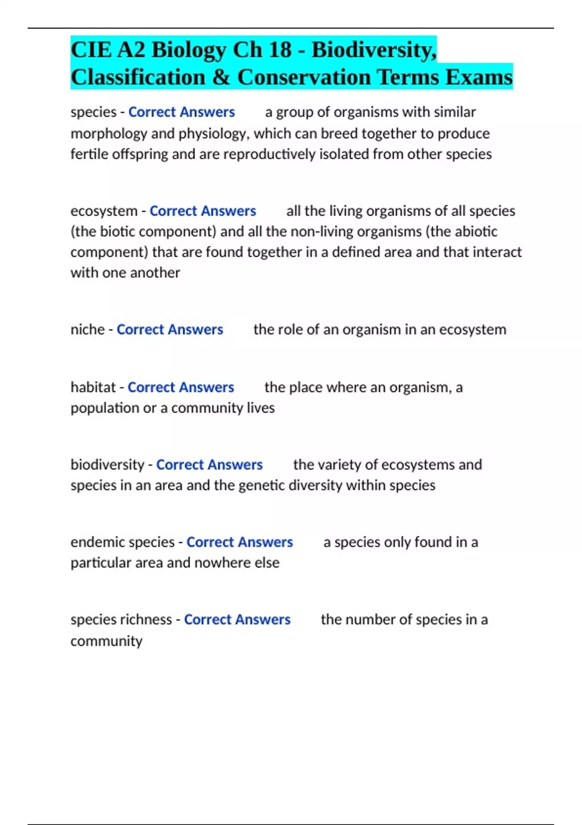 CIE A2 Biology Ch 18 - Biodiversity, Classification & Conservation Terms Exams.docx - 2 Systems ...