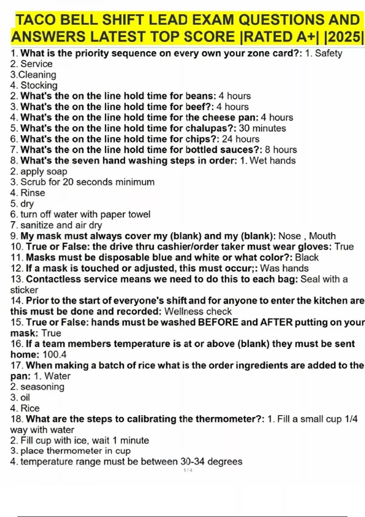 TACO BELL SHIFT LEAD EXAM QUESTIONS AND ANSWERS LATEST TOP SCORE |RATED ...