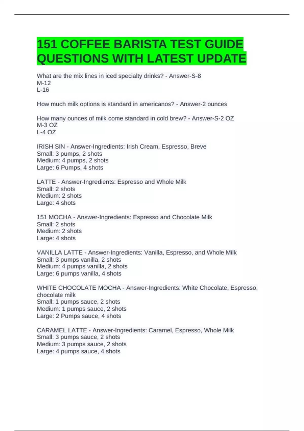 151 COFFEE BARISTA TEST GUIDE QUESTIONS WITH LATEST UPDATE - BARISTA ...