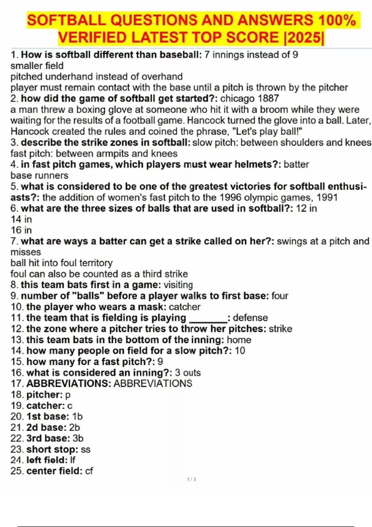 SOFTBALL QUESTIONS AND ANSWERS 100% VERIFIED LATEST TOP SCORE |2025 ...